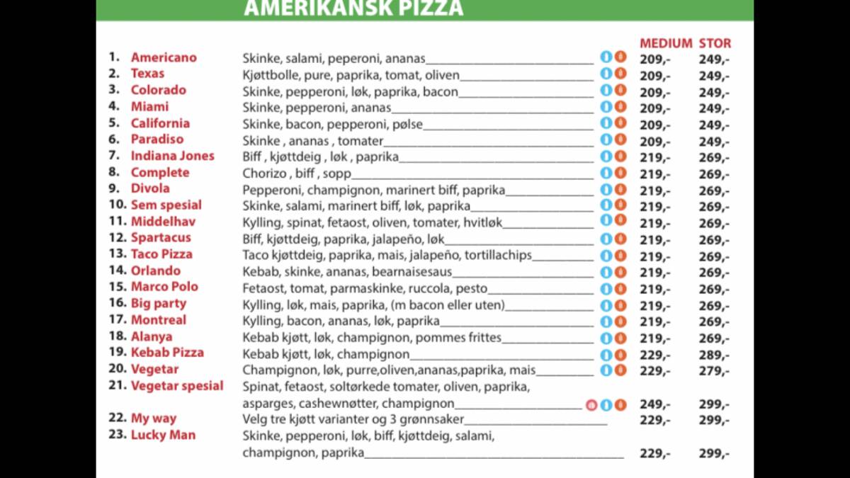 Menu at La Porta restaurant, Norway