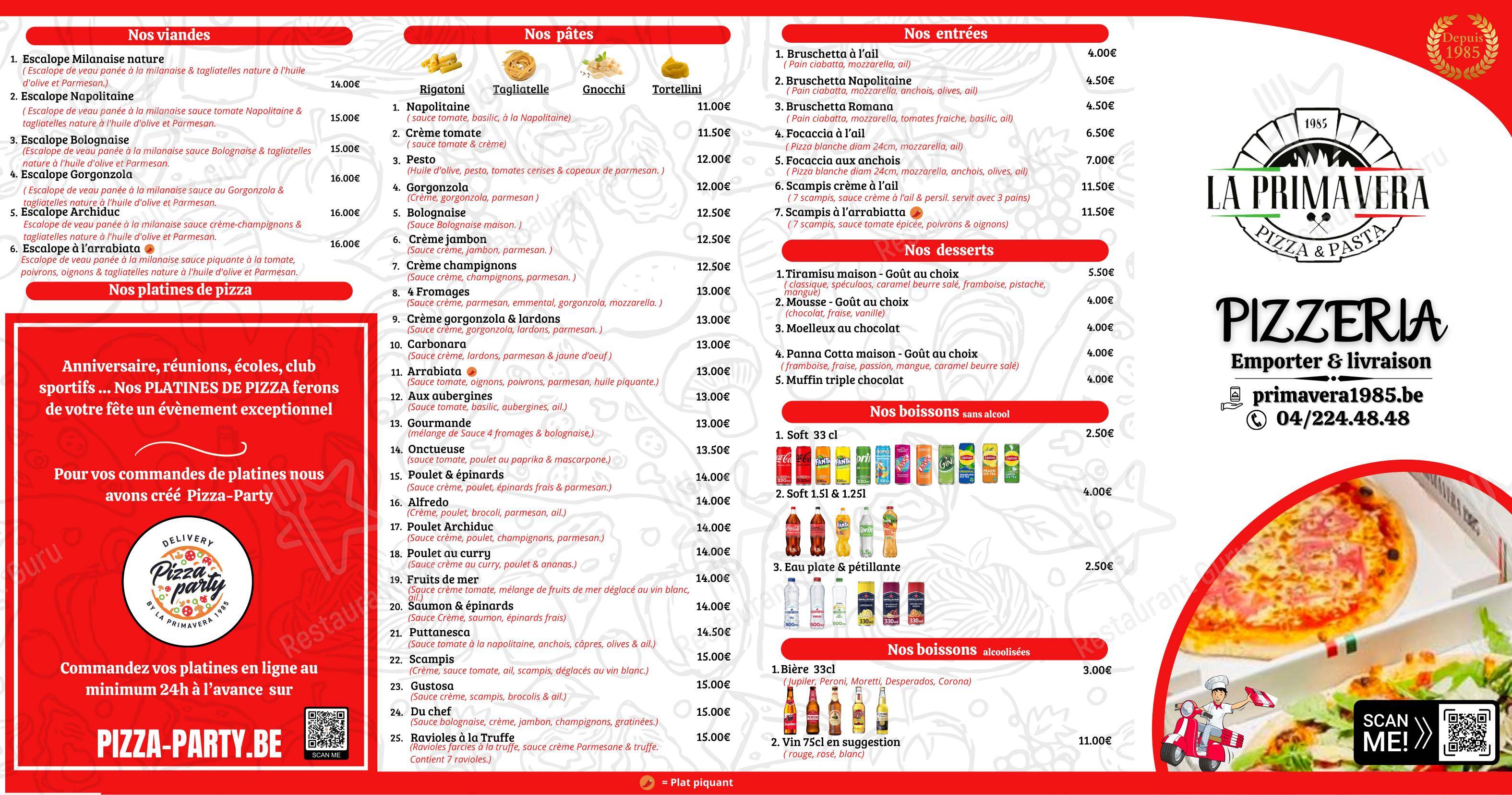 Menu au La Primavera, Saint-Nicolas