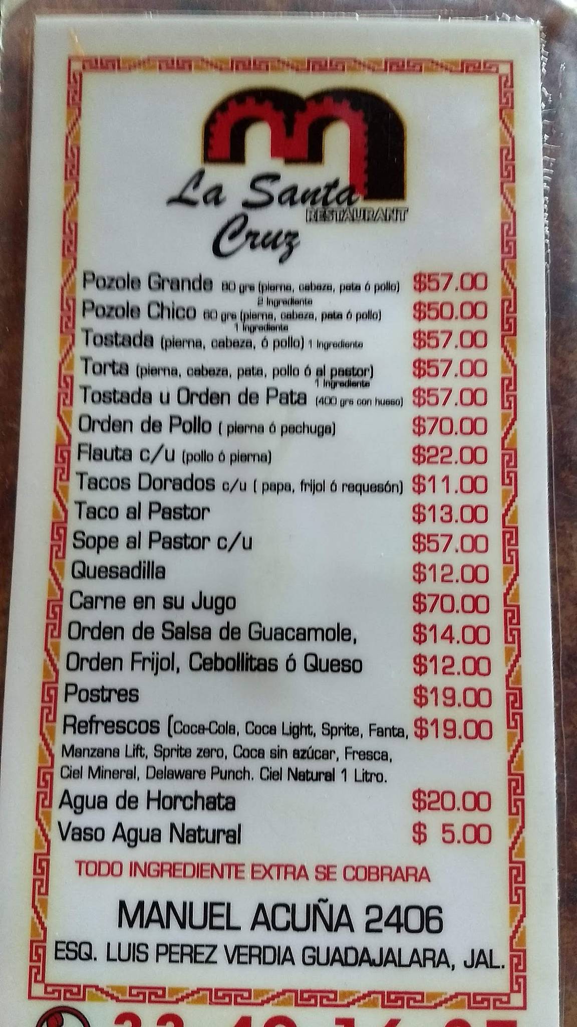 Carta del restaurante La Santa Cruz, Guadalajara, Av. Manuel Acuña 2406