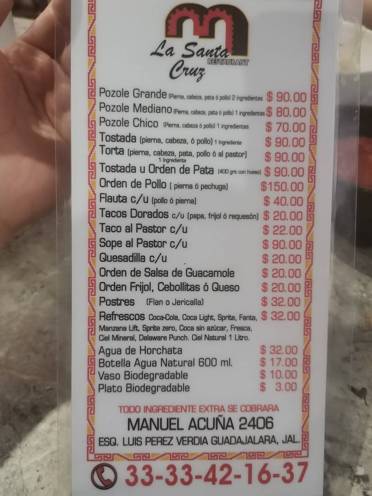 Menu at La Santa Cruz restaurant, Guadalajara, Av. Manuel Acuña 2406