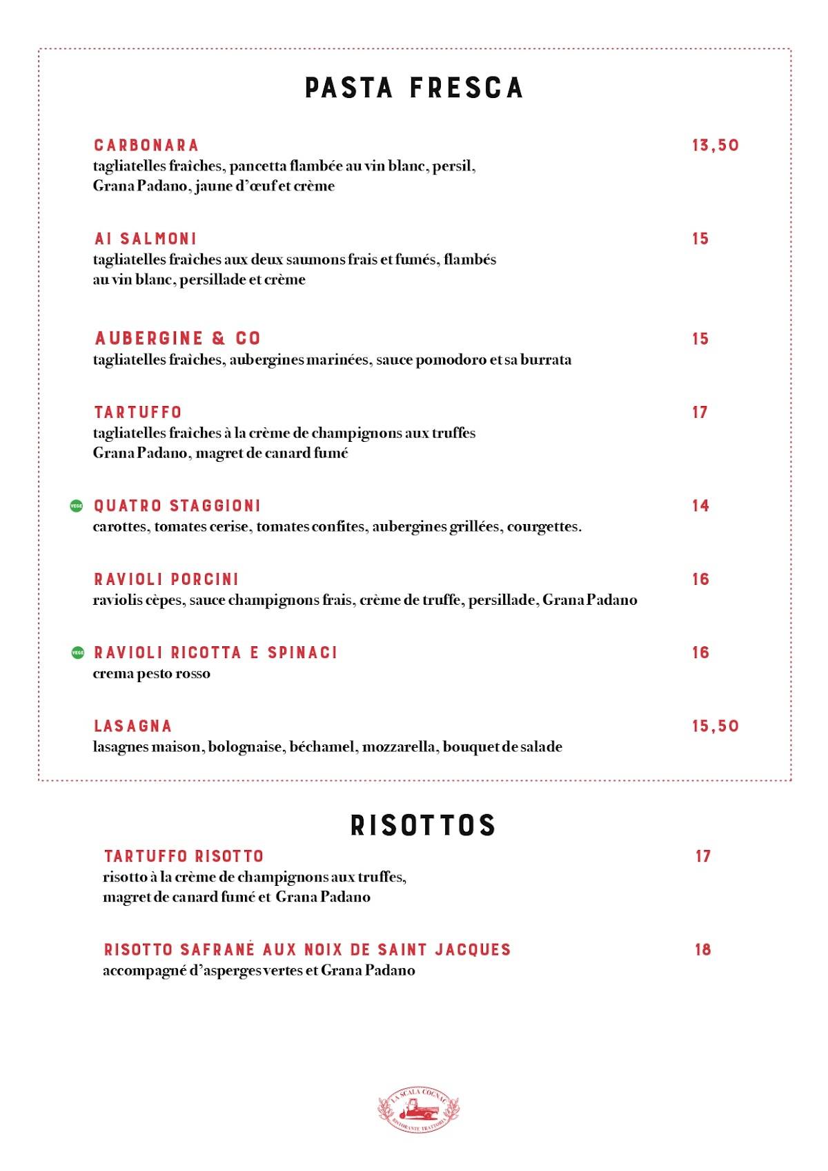 Menu au La Scala Cognac restaurant, Cognac