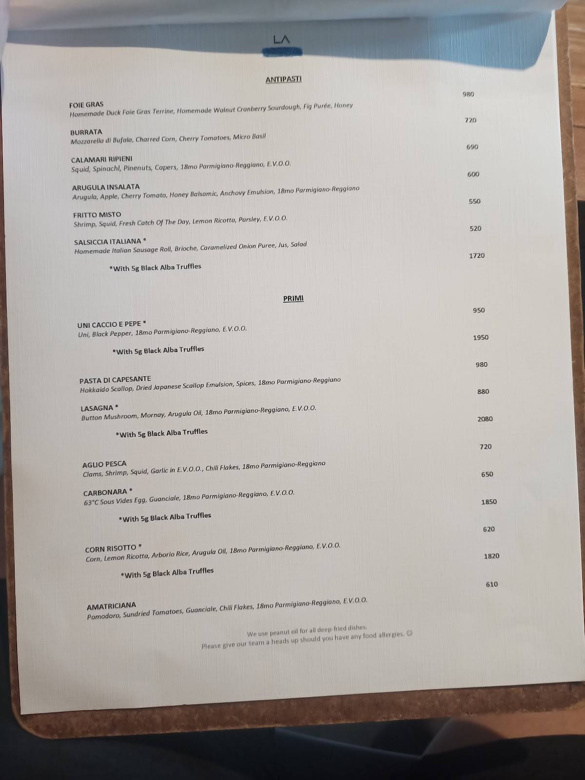 Menu at La Spezia QC restaurant, Quezon City