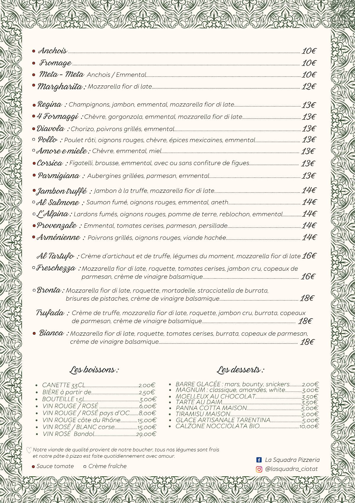 Menu at La Squadra - Pizzeria, La Ciotat