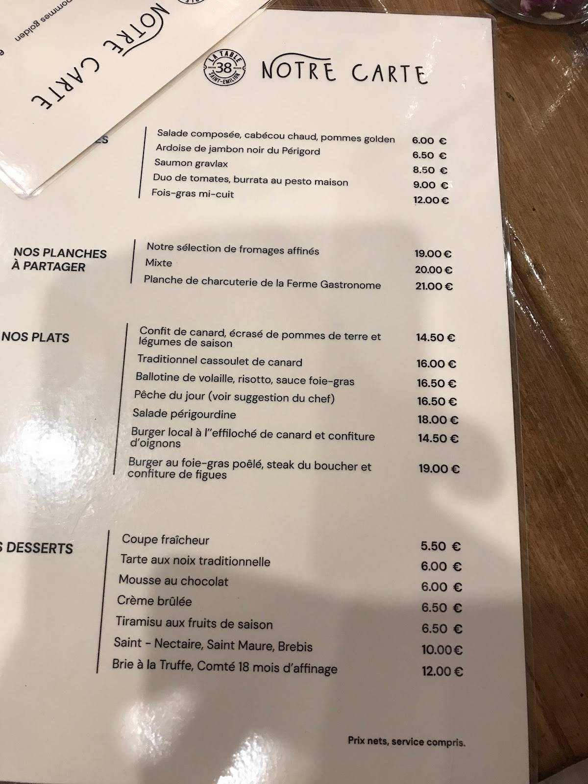 Menu au La Table 38 Saint Emilion restaurant, Saint-Émilion