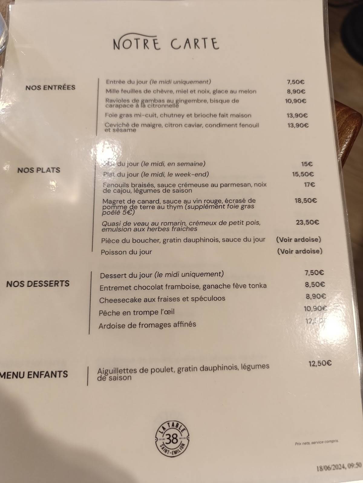 Menu au La Table 38 Saint Emilion restaurant, Saint-Émilion