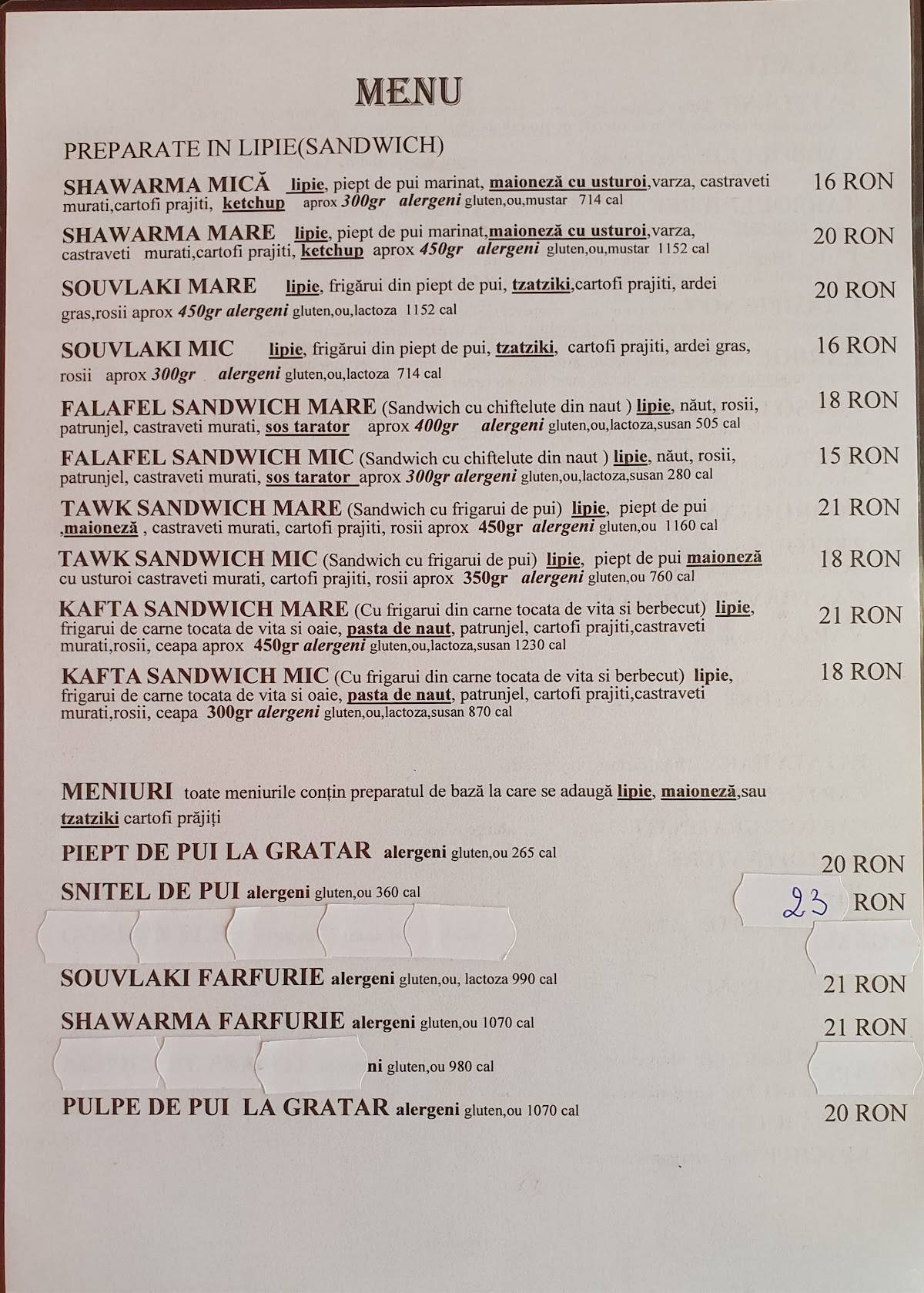 Menu at La Tamara, Constanța