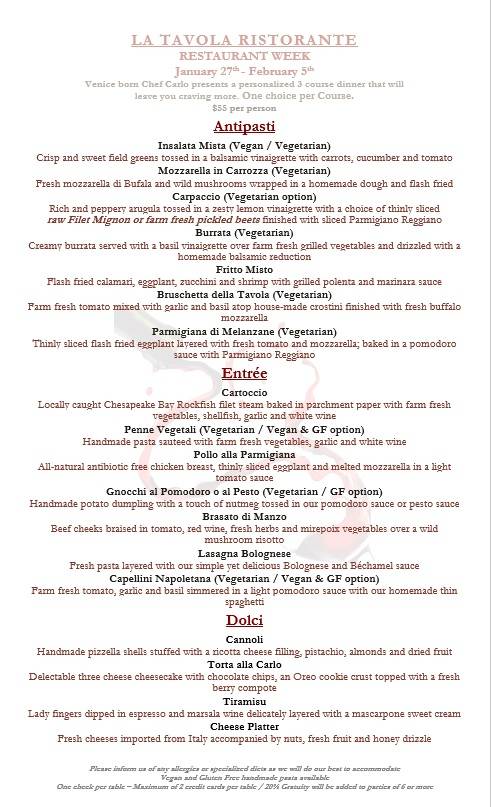 Menu at La Tavola restaurant, Baltimore, 248 Albemarle St