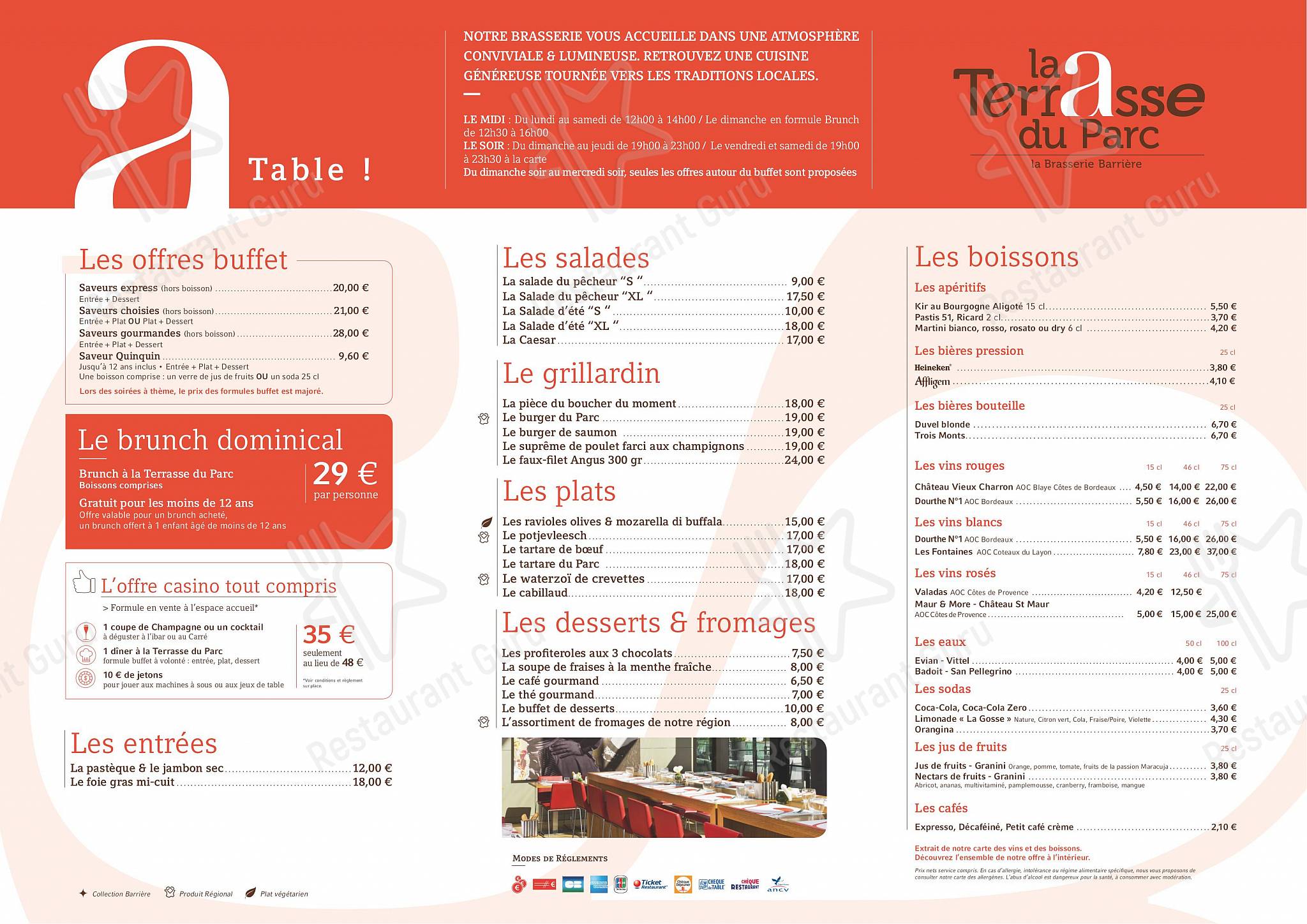 Carta del restaurante La Terrasse du Parc, Lila, 777 Pont del Flandres