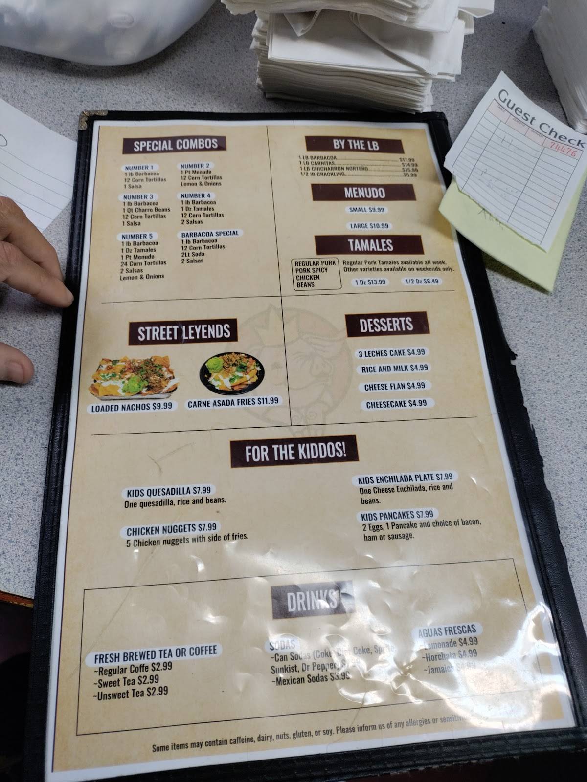 Menu at La Unica Birotes restaurant, San Antonio, Goliad Rd
