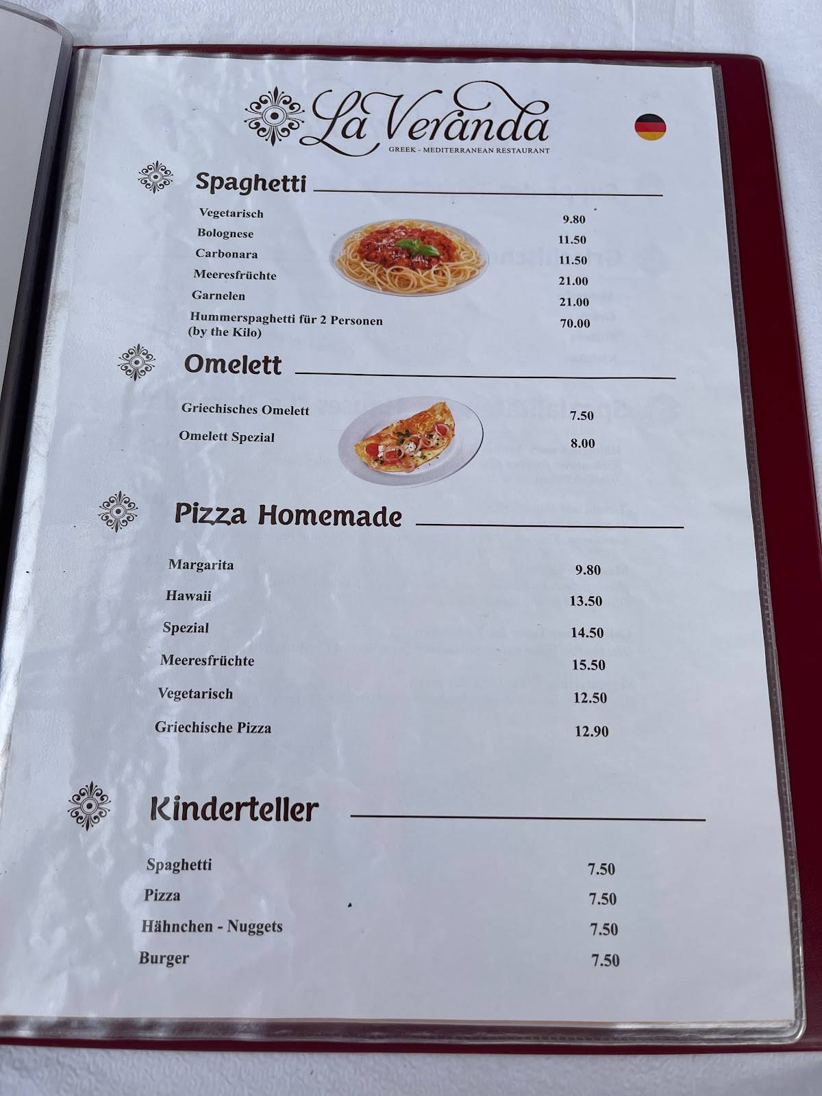 Menu at La Veranda, Rhodes