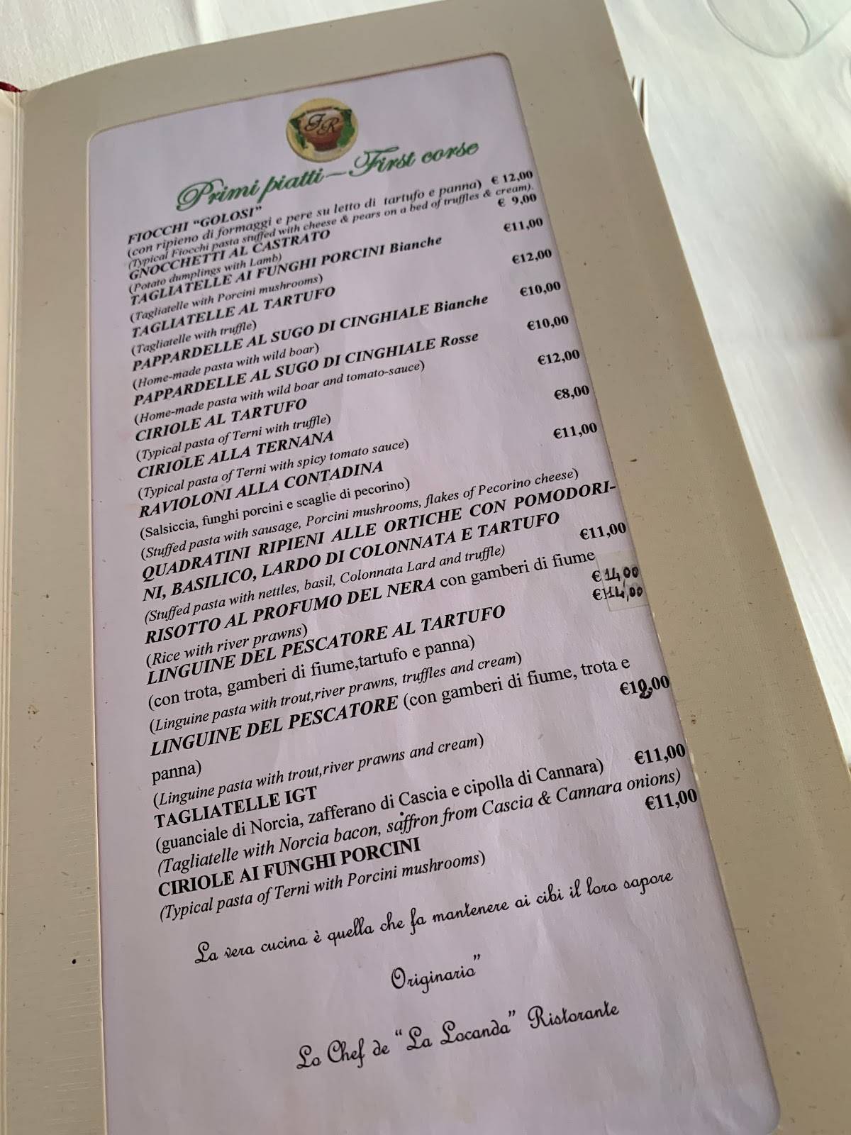 Menu da La locanda ristorante, Arrone
