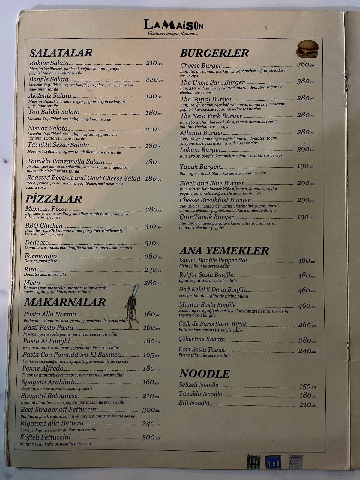 Menu at La maison, Sivas