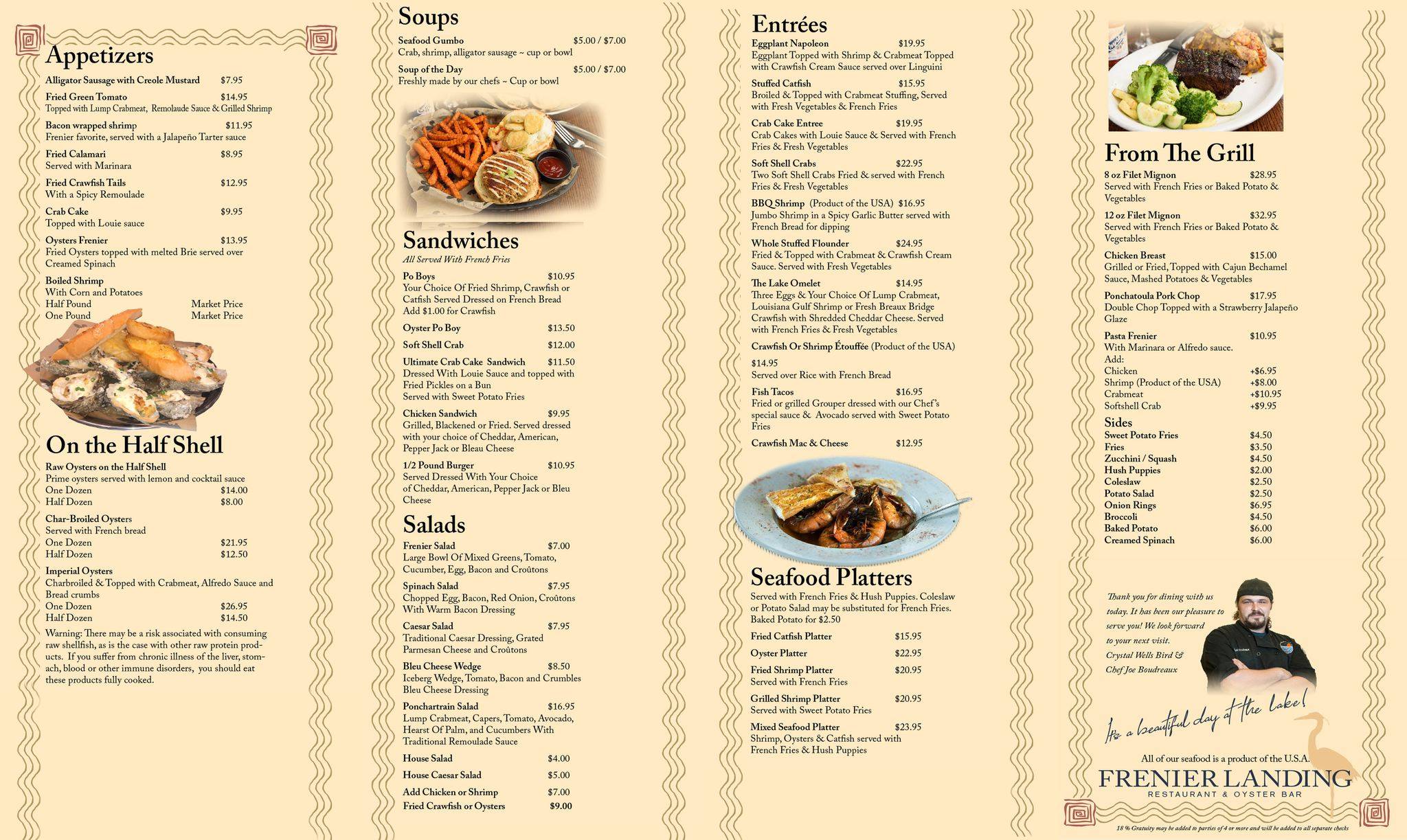 Menu at Frenier Landing Restaurant and Oyster Bar, LaPlace, 113 Dottie Ln