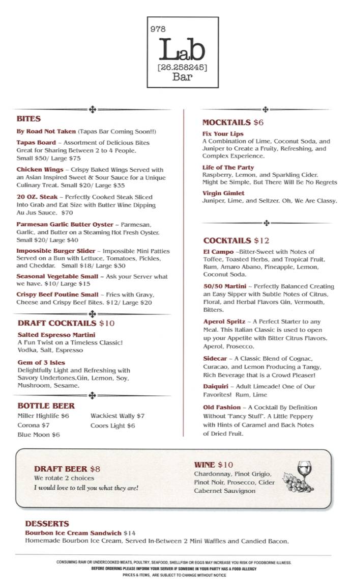Menu at Lab 978 pub & bar, Fitchburg