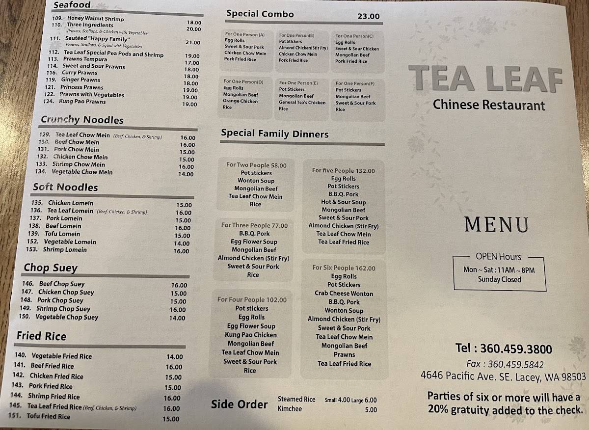Menu at Tea Leaf 2 restaurant, Lacey