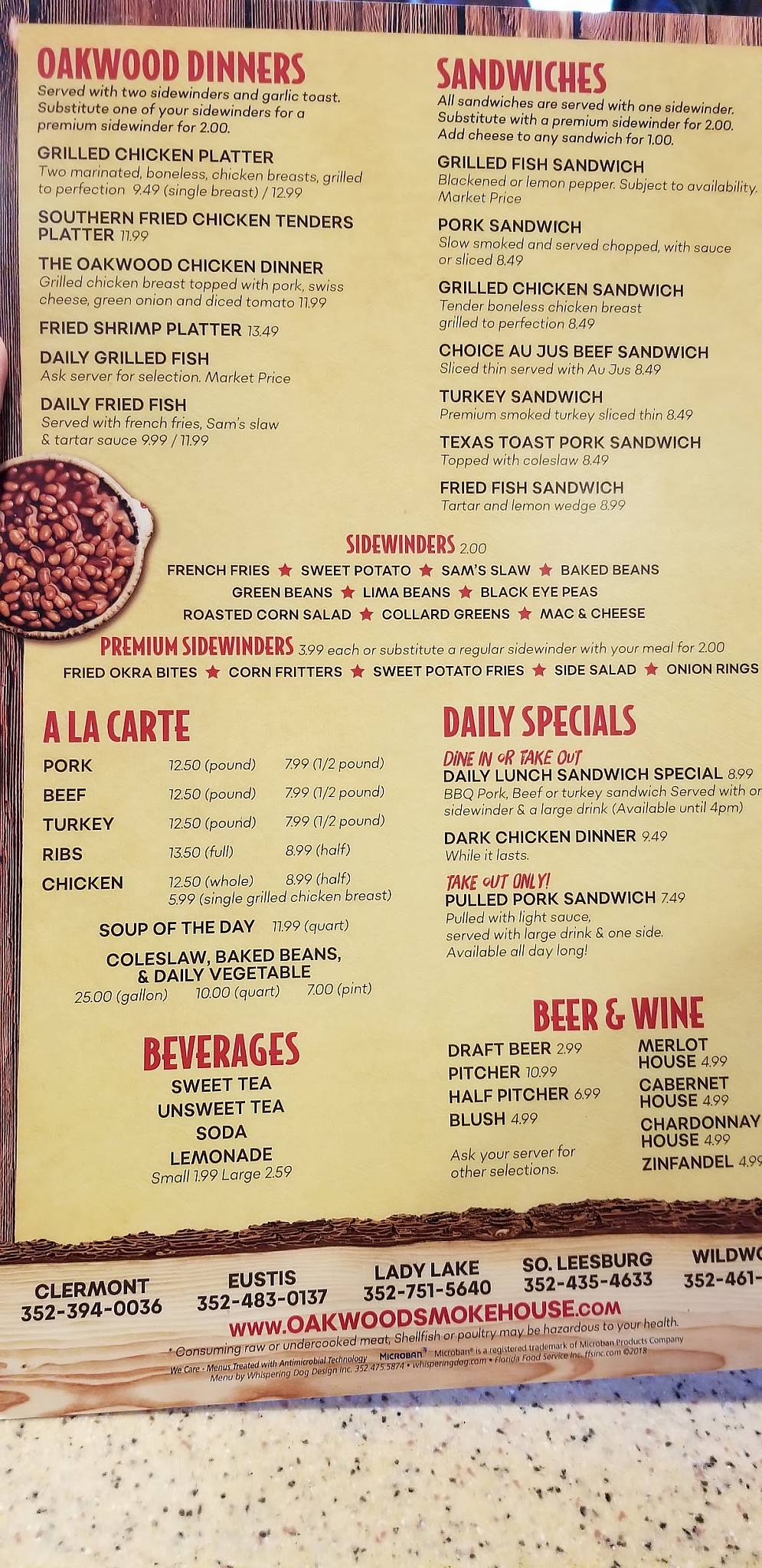 Menu at Oakwood Smokehouse steakhouse, Lady Lake
