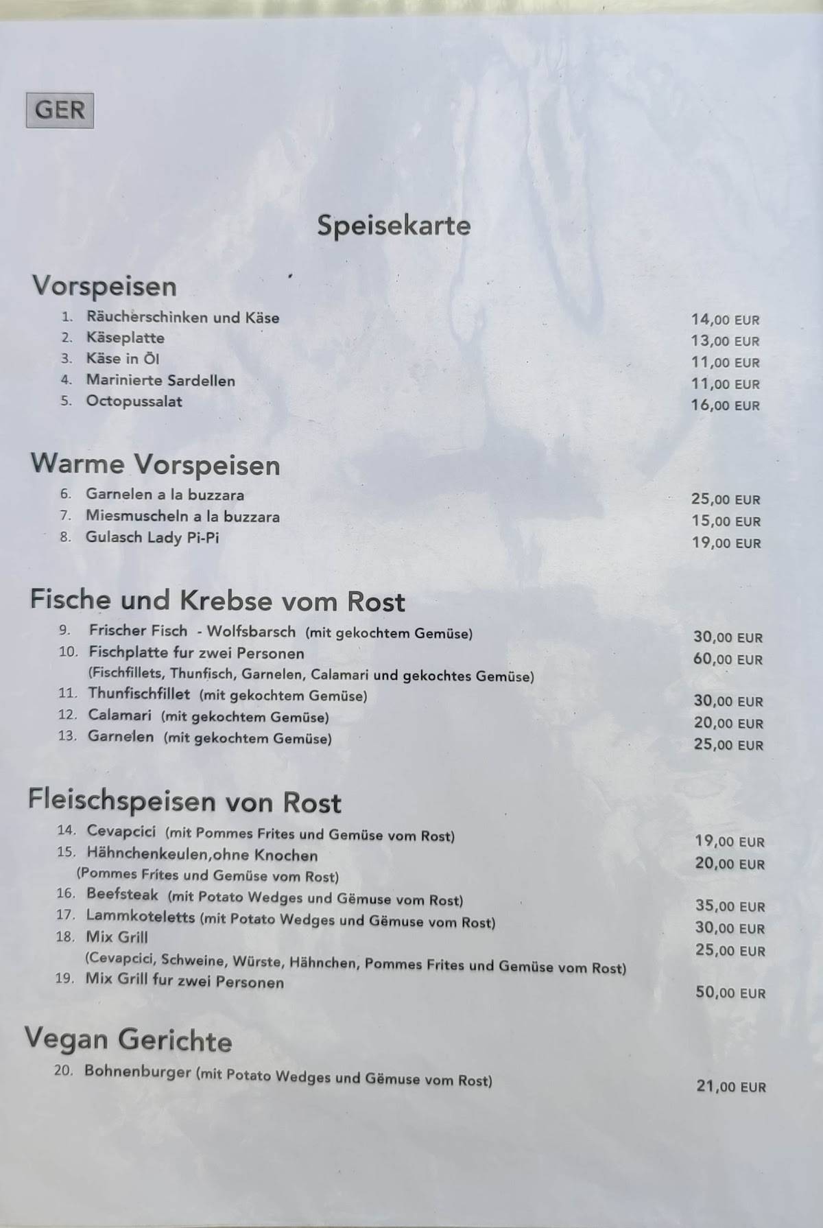 Menu at Lady Pi-Pi restaurant, Dubrovnik