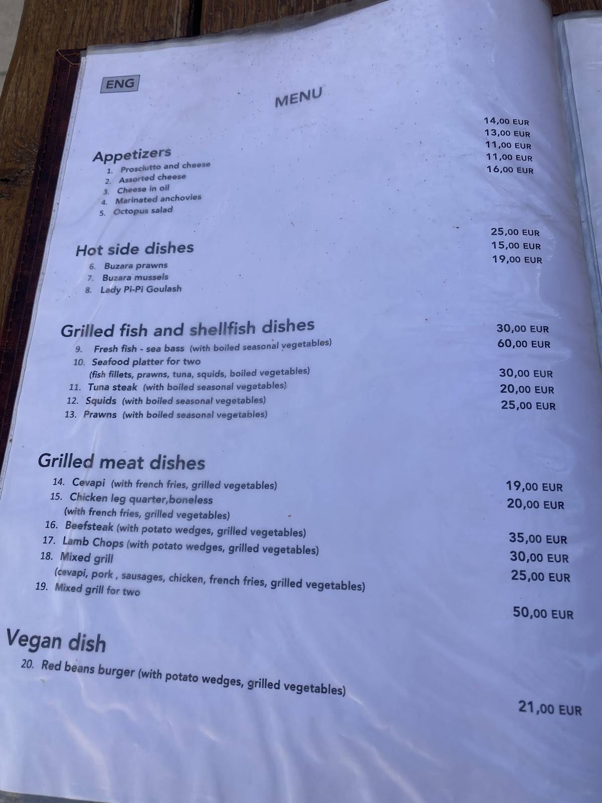 Menu at Lady Pi-Pi restaurant, Dubrovnik