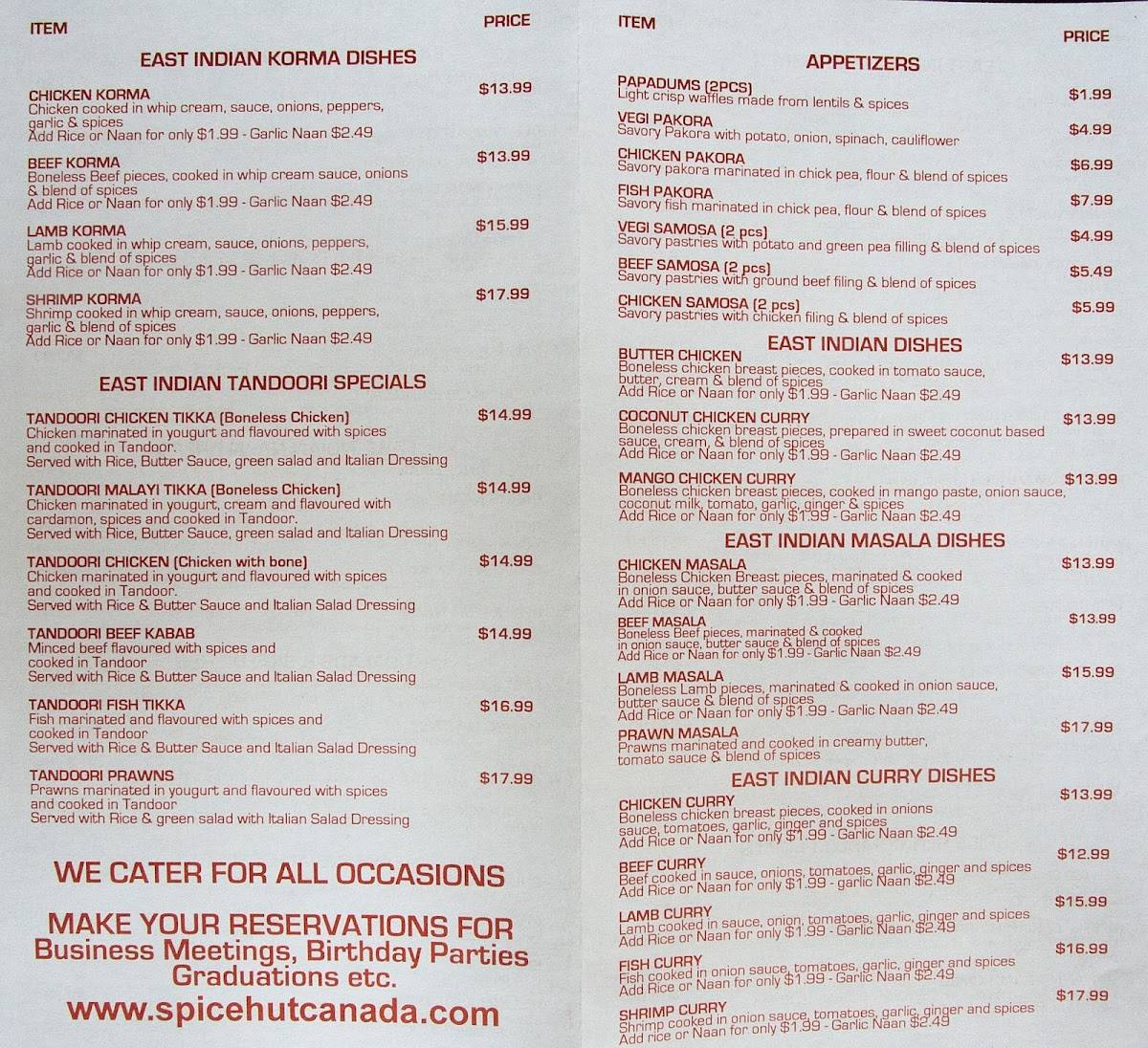 Spice Hut Indian Cuisine. Ladysmith Menu at Germaine Dunham blog