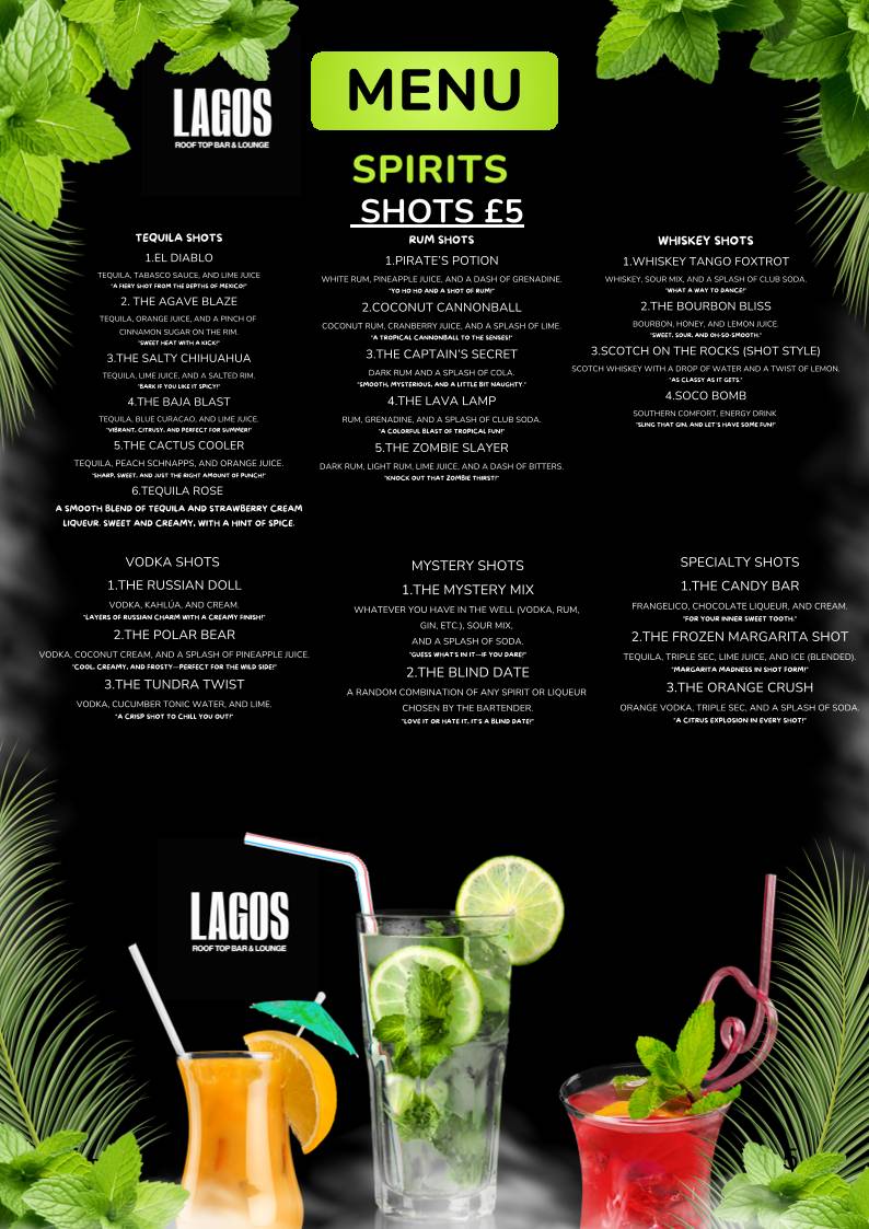 Menu at Lagos Rooftop Bar & Lounge, Bedford