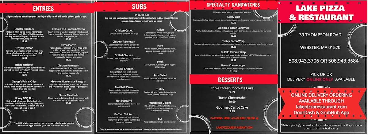 Menu at Lake Pizza & Restaurant, Webster, 39 Thompson Rd