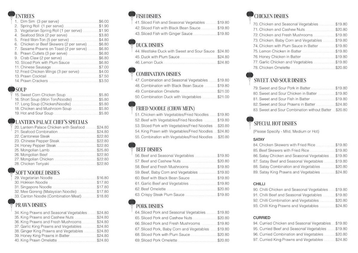 Menu at Lantern Palace restaurant, Bairnsdale
