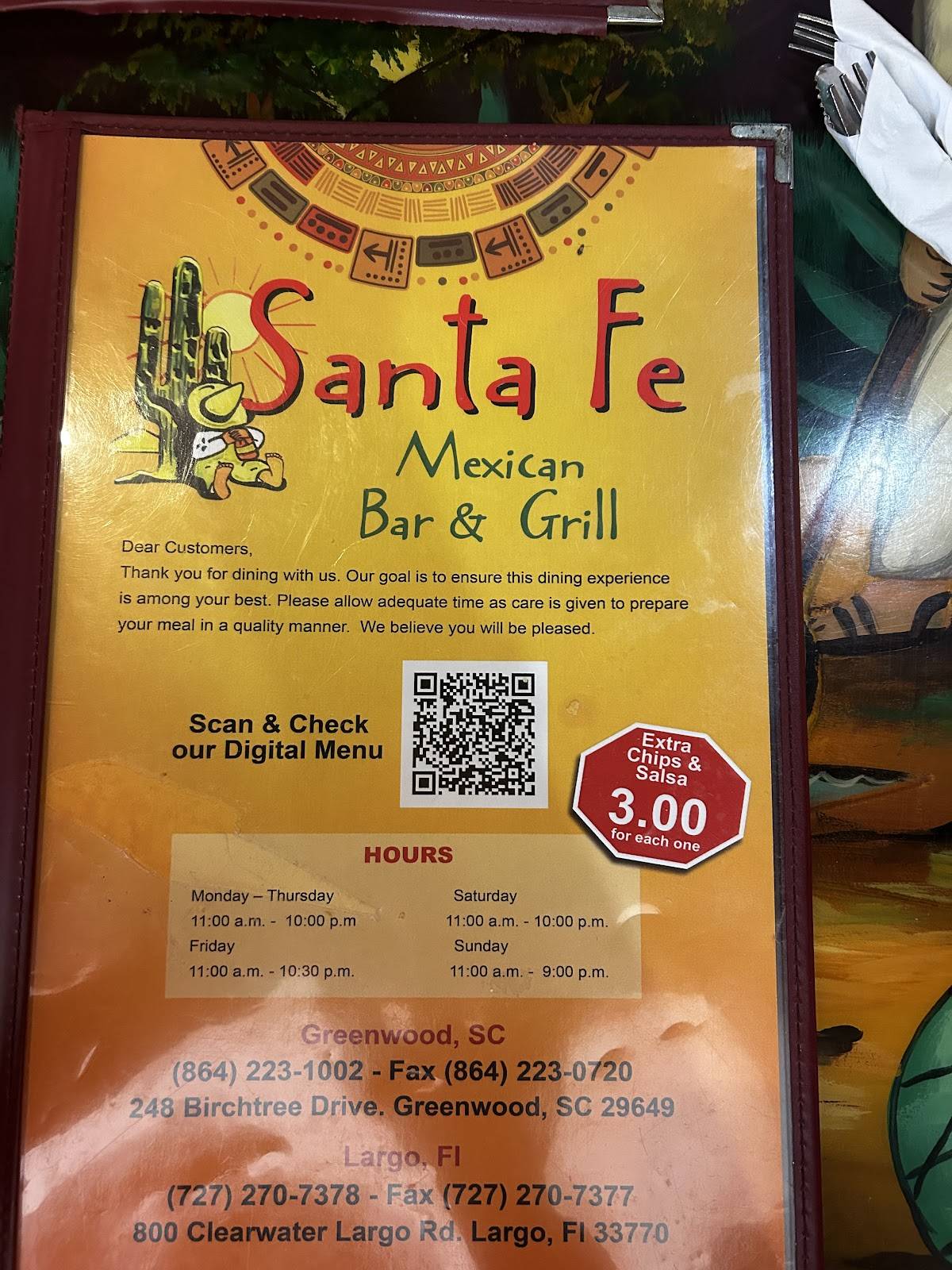 Menu at Santa Fé Mexican Grill restaurant, Largo, 800 Clearwater Largo Rd