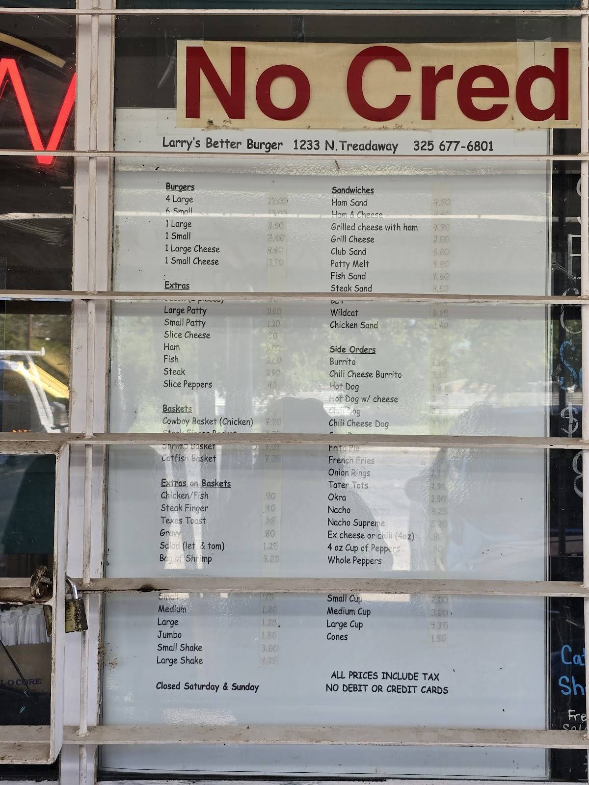 Menu at Larry's Better Burger Drive-In fast food, Abilene
