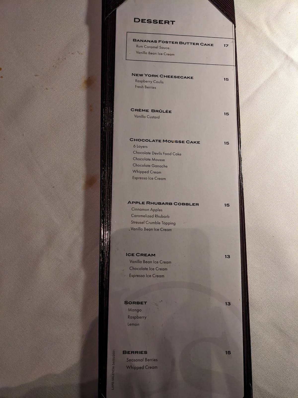 Menu at Larsen's Steakhouse -- Valencia, Santa Clarita