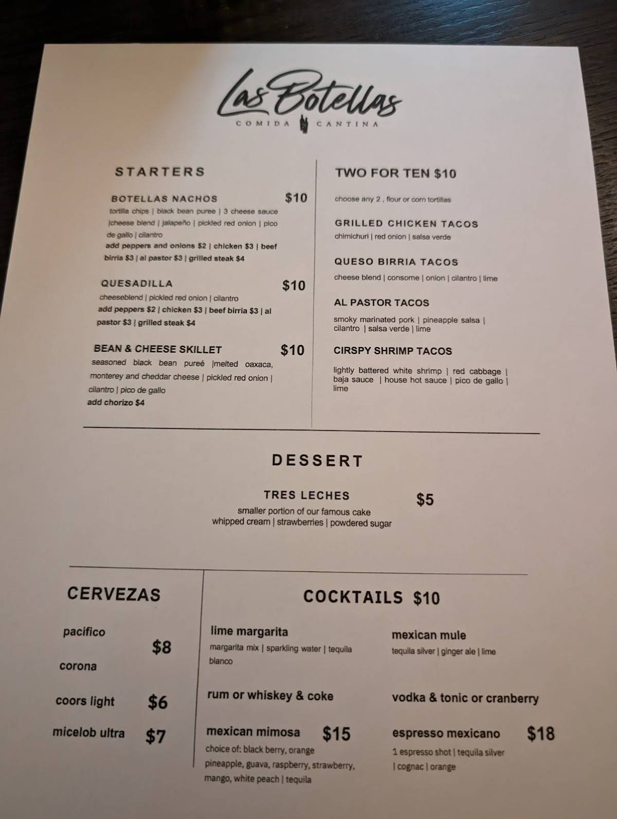 Menu at Las Botellas pub & bar, Riverton
