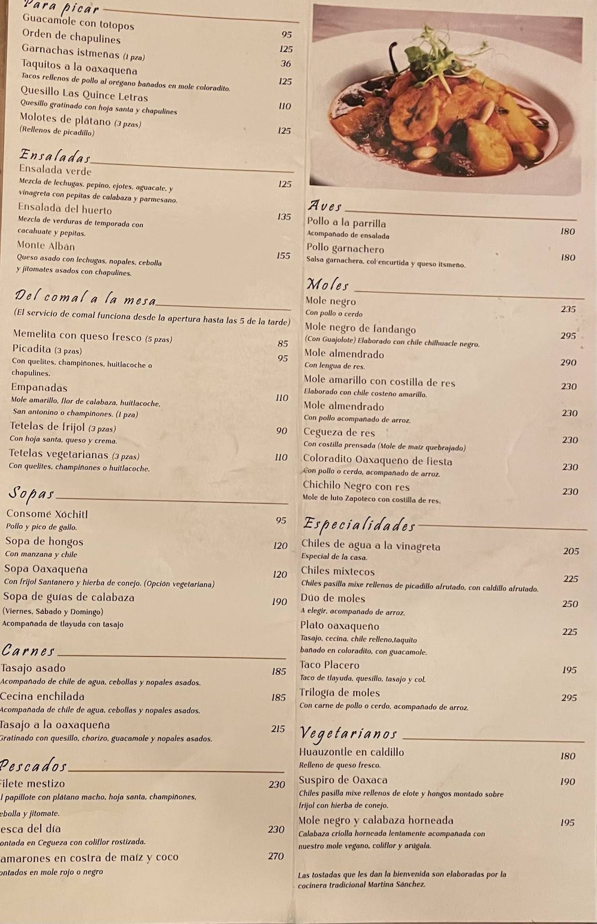Carta de Las Quince Letras Restaurante, Oaxaca, C. de Mariano Abasolo 300