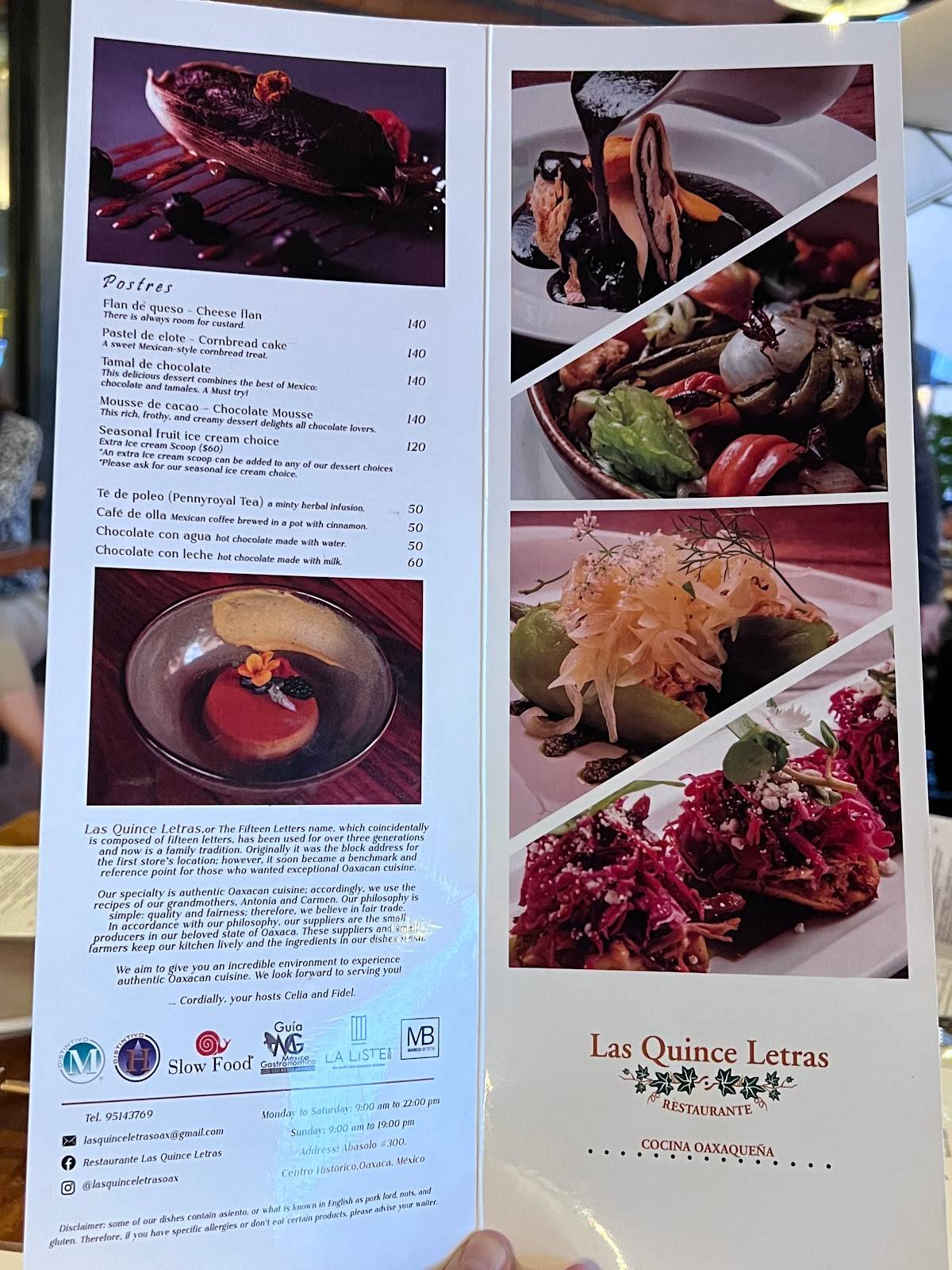 Carta de Las Quince Letras Restaurante, Oaxaca, C. de Mariano Abasolo 300