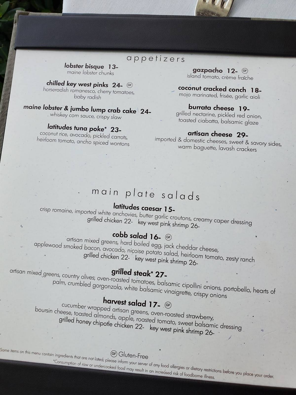 Menu at Latitudes - Sunset Key Cottages restaurant, Key West, 245 Front St