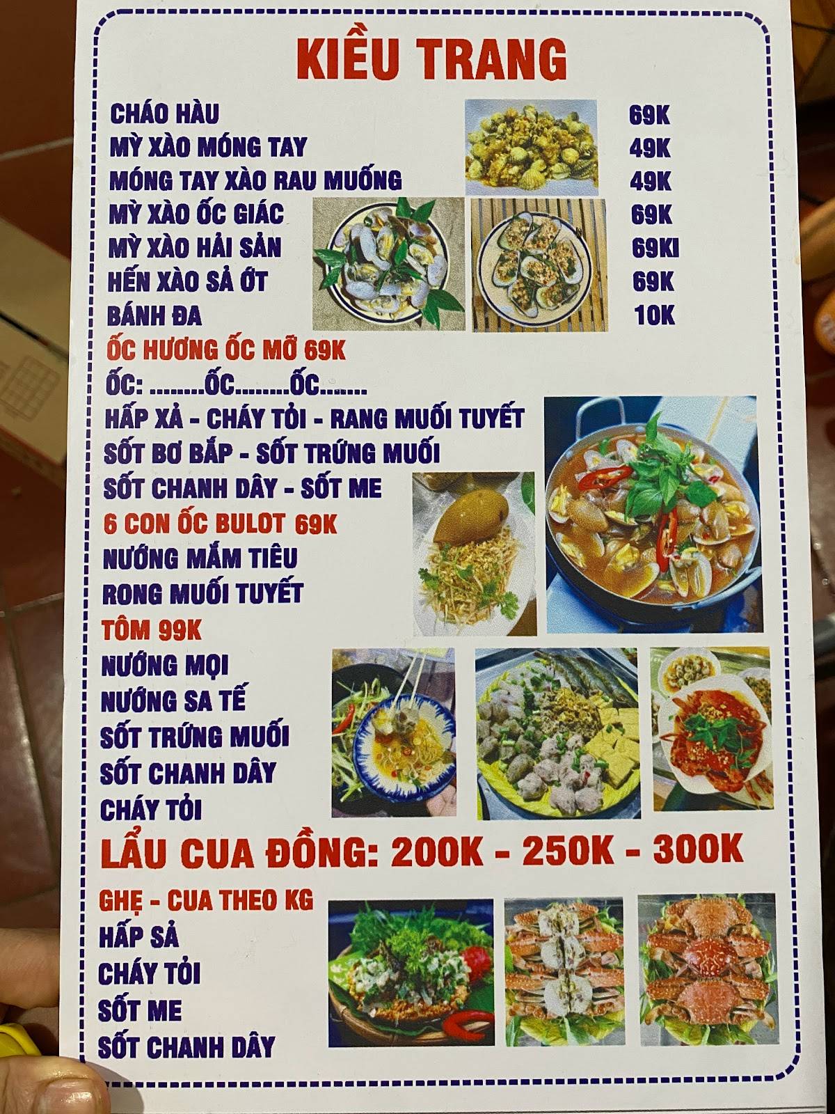 Menu at Lẩu Cua Đồng Kiều Trang restaurant, Vietnam