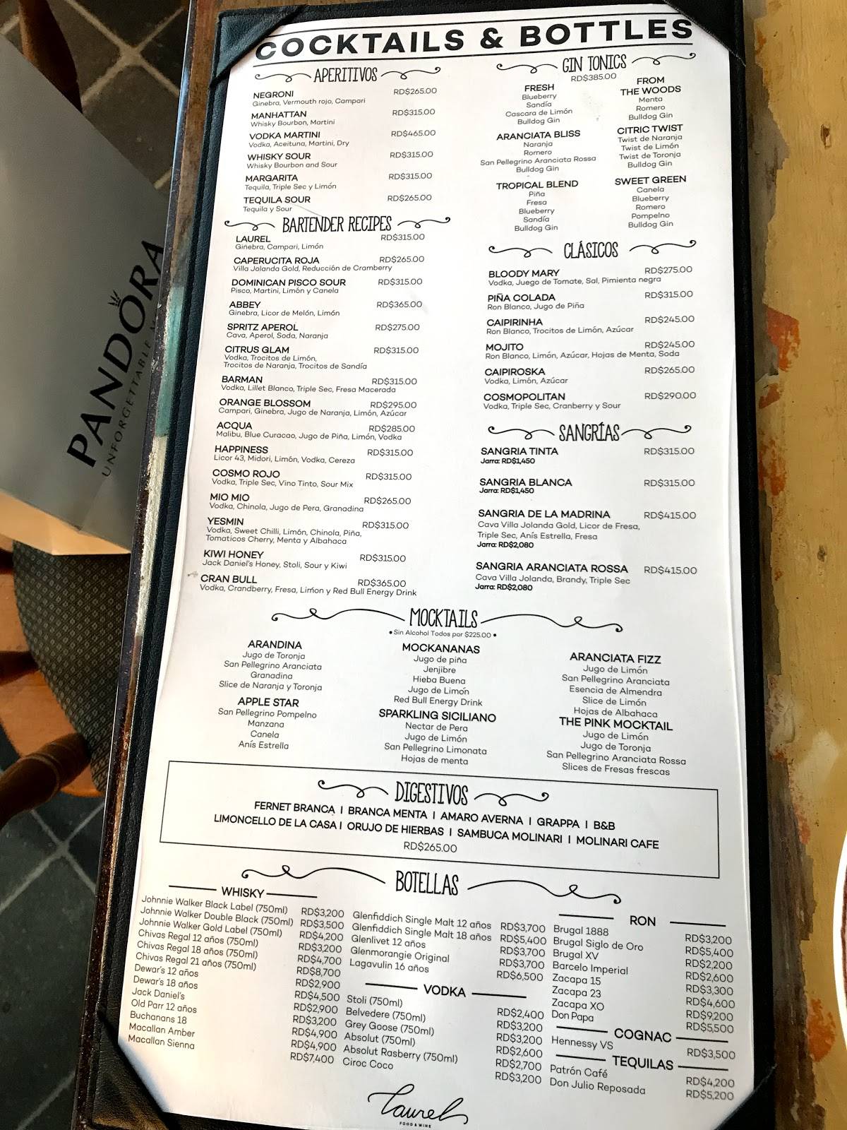 Menu at Laurel restaurant, Santo Domingo