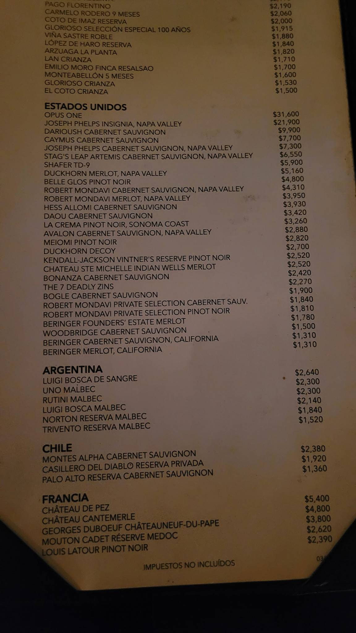 Carta del restaurante Laurel, Santo Domingo