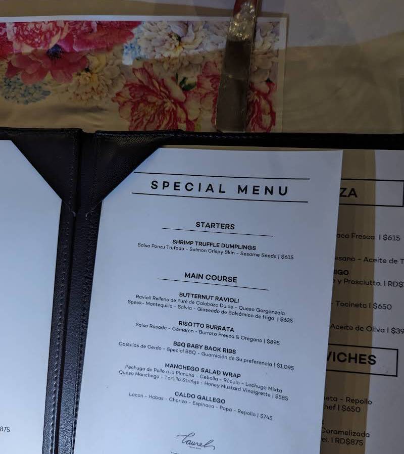 Menu at Laurel restaurant, Santo Domingo