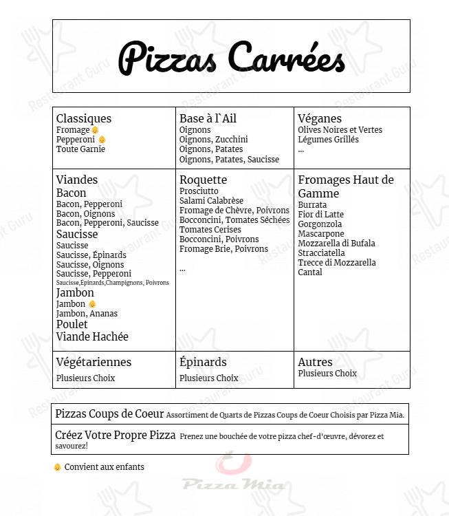 Menu at Pizza Mia restaurant, Laval