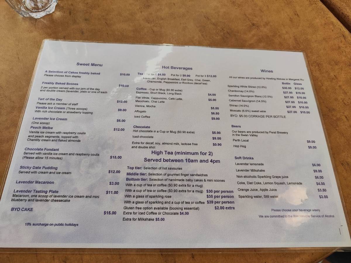 Menu at Lavender Bistro cafe, West Swan