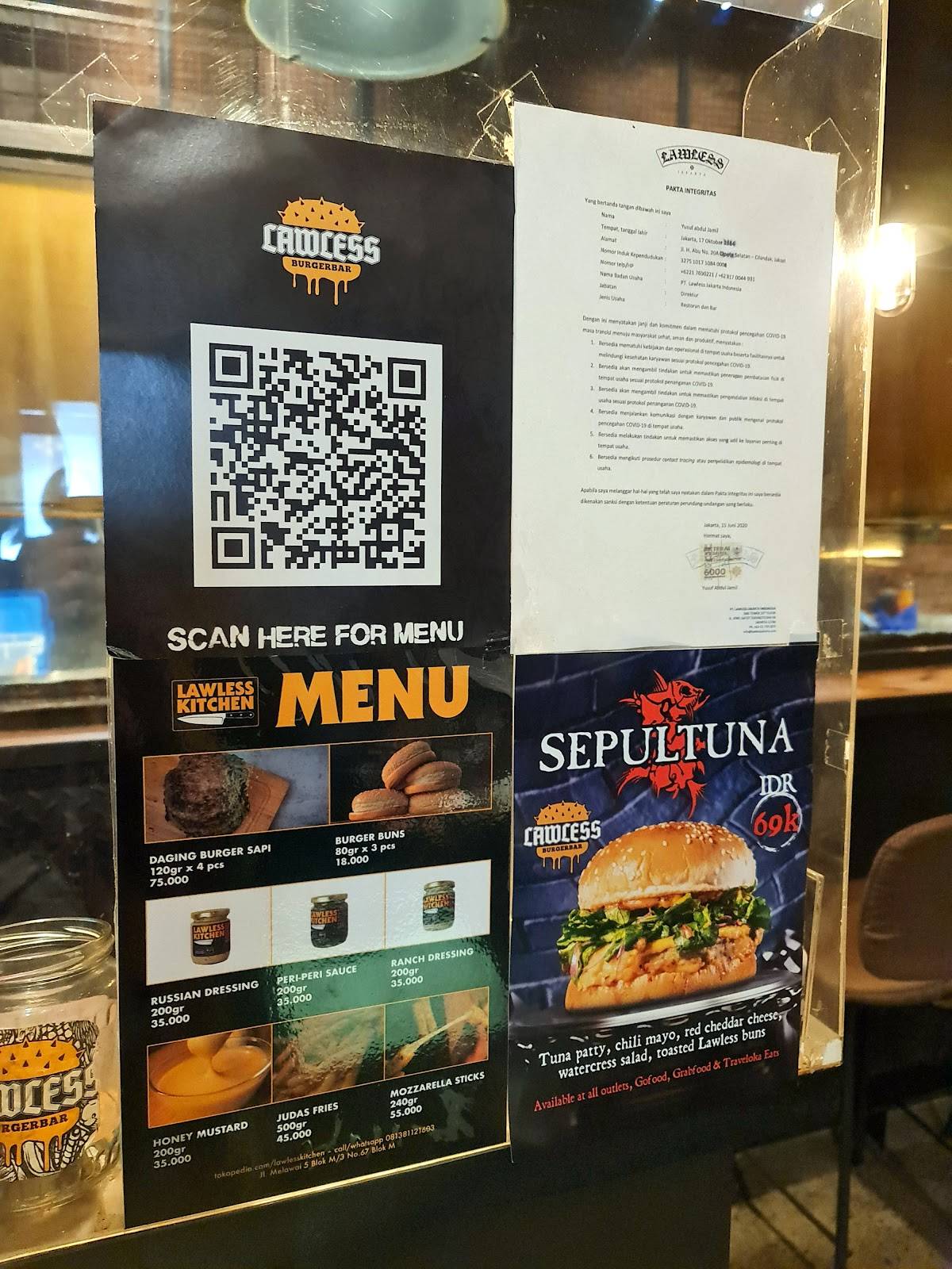 Menu at Lawless Burgerbar Menteng, Central Jakarta, Jl. H. Agus Salim No.60