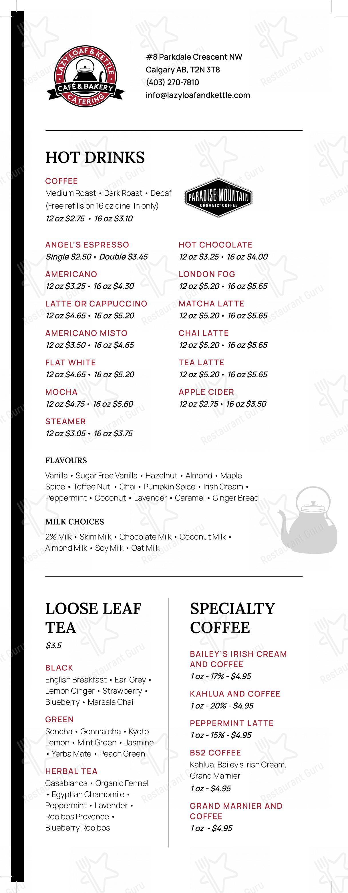 Menu at Lazy Loaf & Kettle restaurant, Calgary