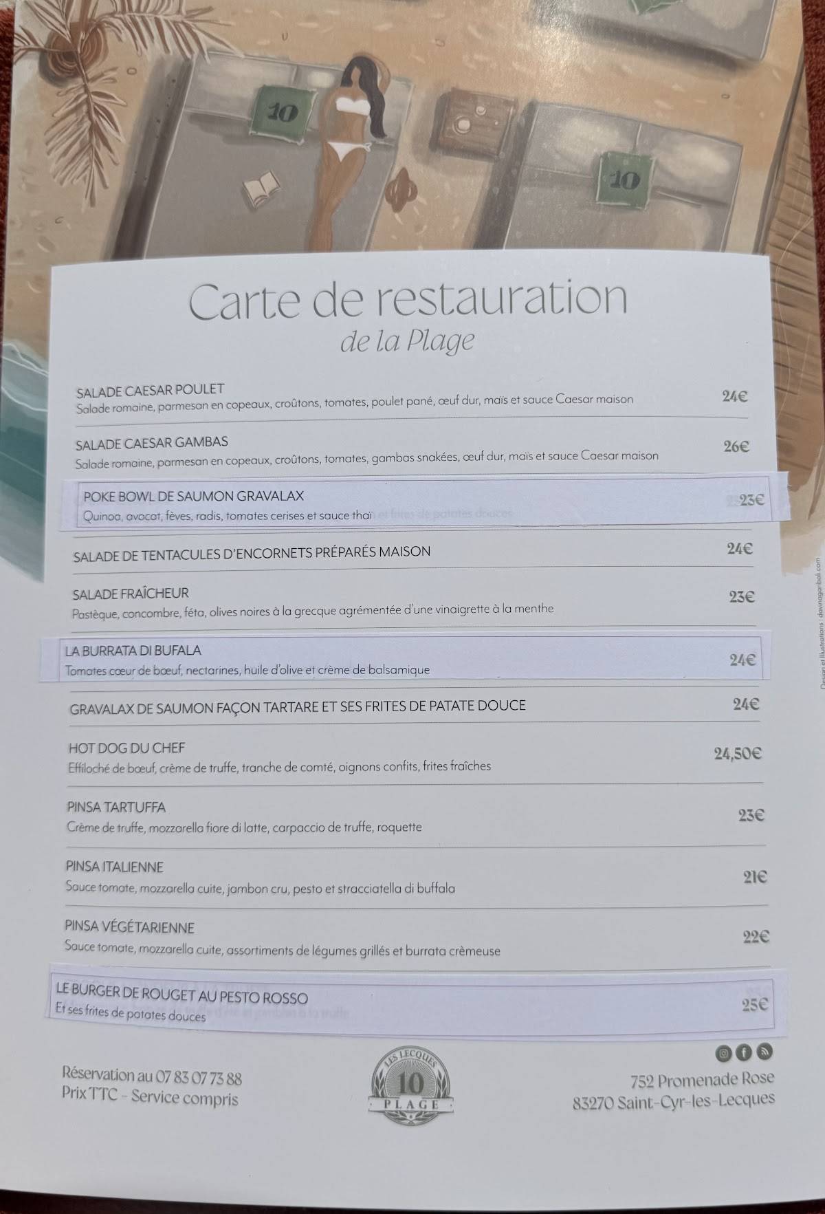 Menu au Le 10 Plage - restaurant, plage privée, Saint-Cyr-sur-Mer