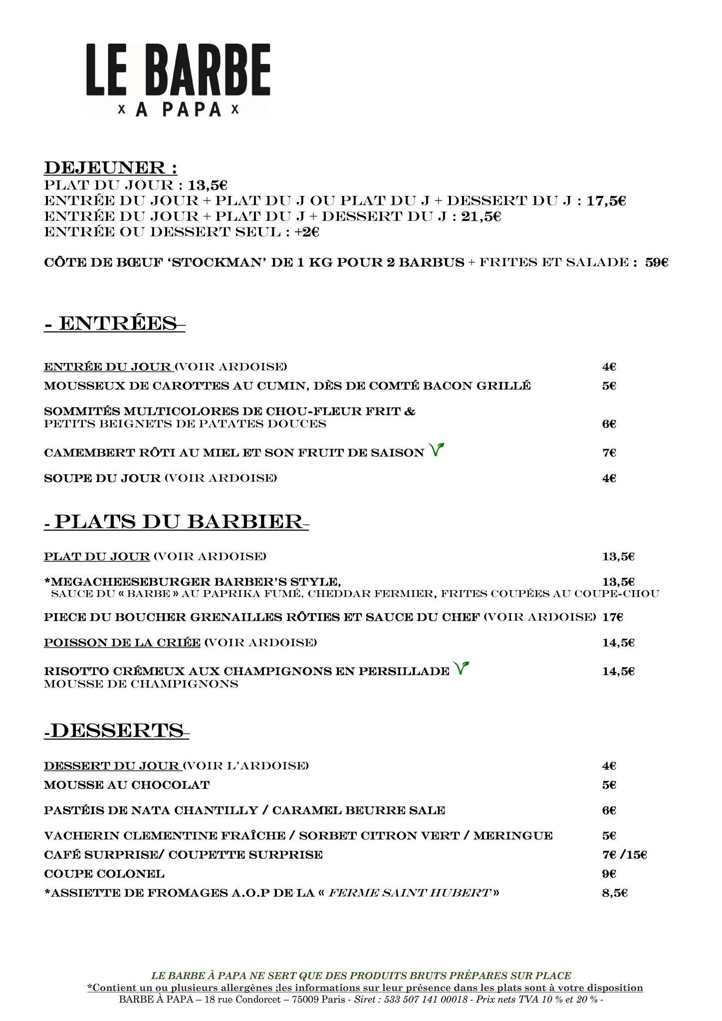 Menu au Le Barbe à Papa, Paris, 18 Rue Condorcet