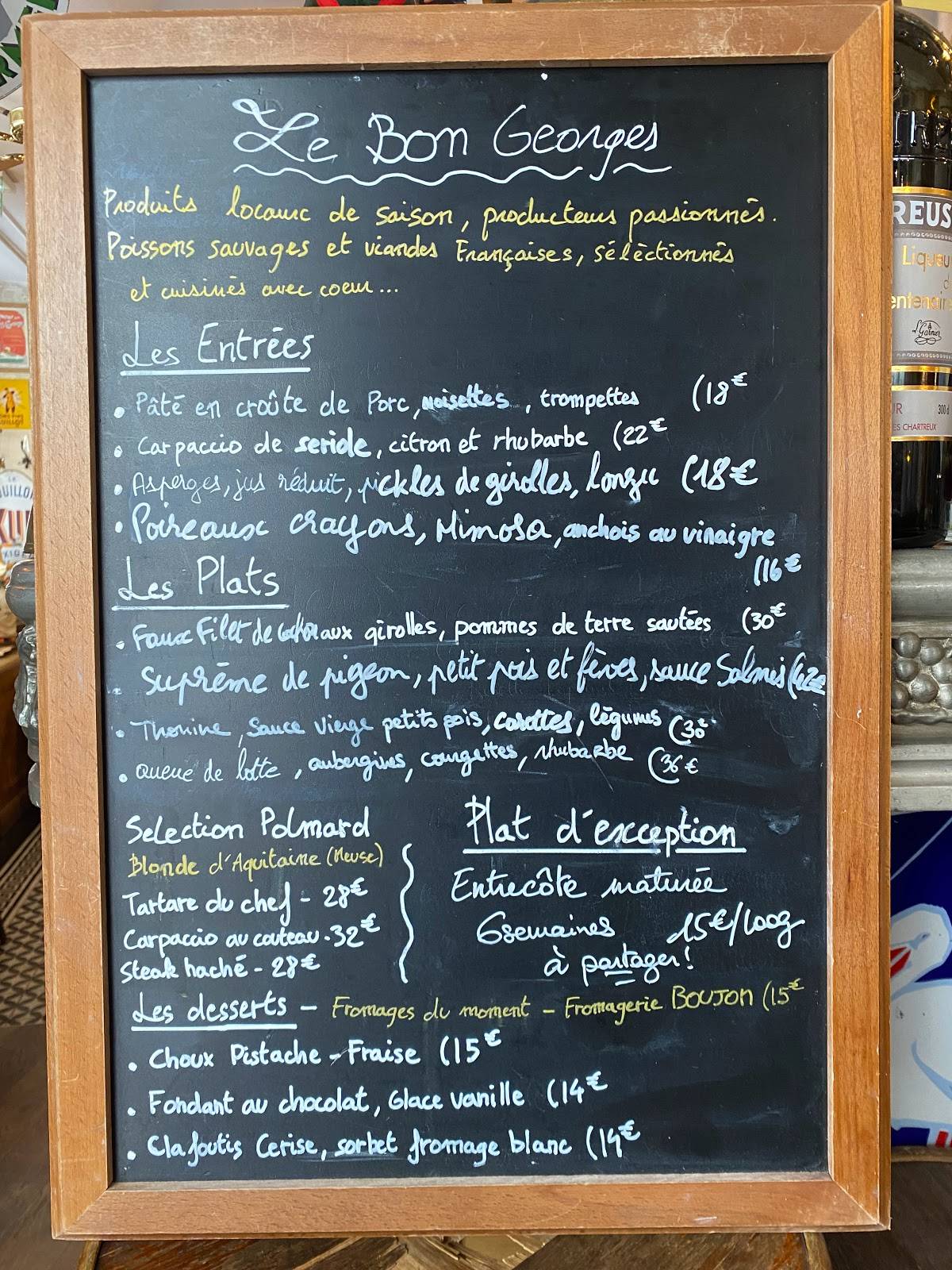Menu at Le Bon Georges restaurant, Paris, 45 Rue Saint-Georges