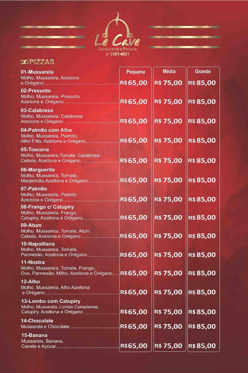 Menu em Le Cave Pizzaria, Guarapari, Av. Praiana