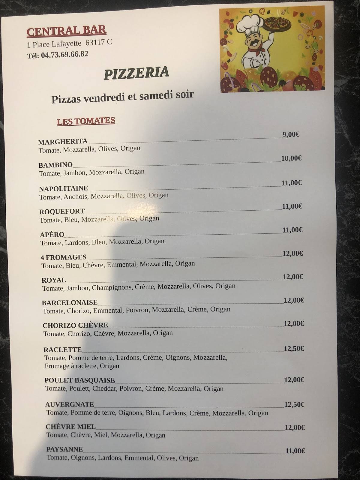 Menu au Le Central Bar, Chauriat