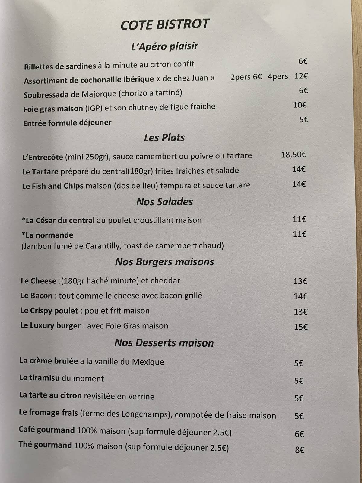 Menu au Le Central restaurant, Saint-Lô
