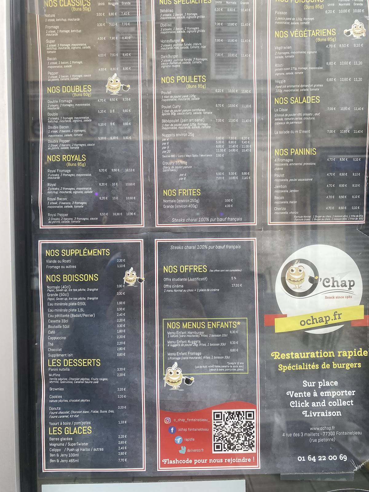 Menu au Le Chaplin fast food, Fontainebleau