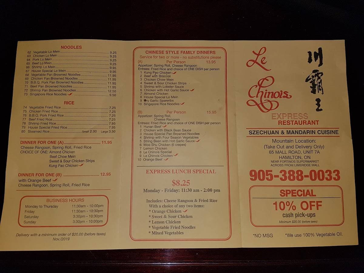 Menu at Le Chinois Express restaurant, Hamilton