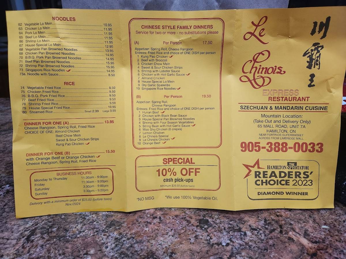 Menu at Le Chinois Express restaurant, Hamilton